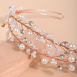 Kercisbeauty Wedding Bridal Pearl and Crystal Rose Gold Hair Tiaras Boho Cute Beaded Princess Crown Banquet Party Special Occasion Handmade Jewelry for Women Girls (Rose Gold)