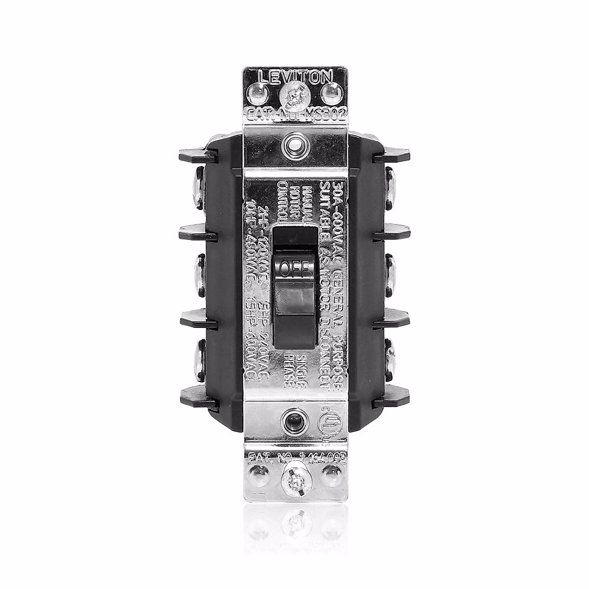 Leviton MS303-DSS 30 Amp, 600 Volt, Three-Pole, 3 Phase AC Motor Starter, Suitable as Motor Disconnect, Short Toggle, Industrial Grade, Non-Grounding, Black