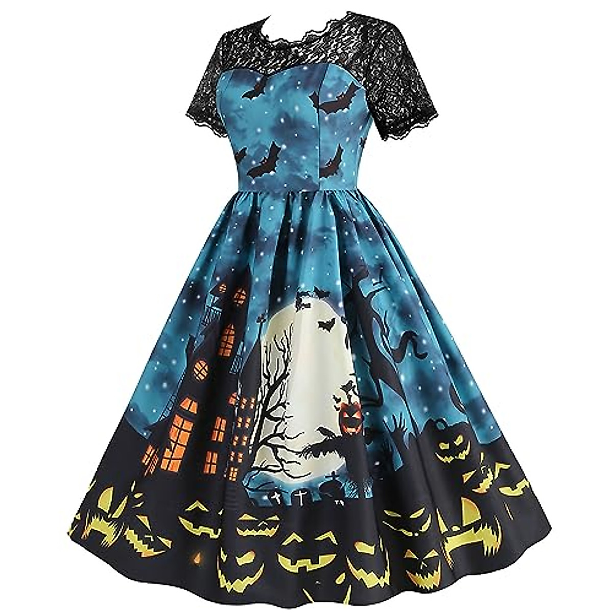 Halloween Costumes for Women Scary Funny Skeleton Swing Dress Lace Short Sleeve Flared Dresses Holiday Party Dress Sky Blue