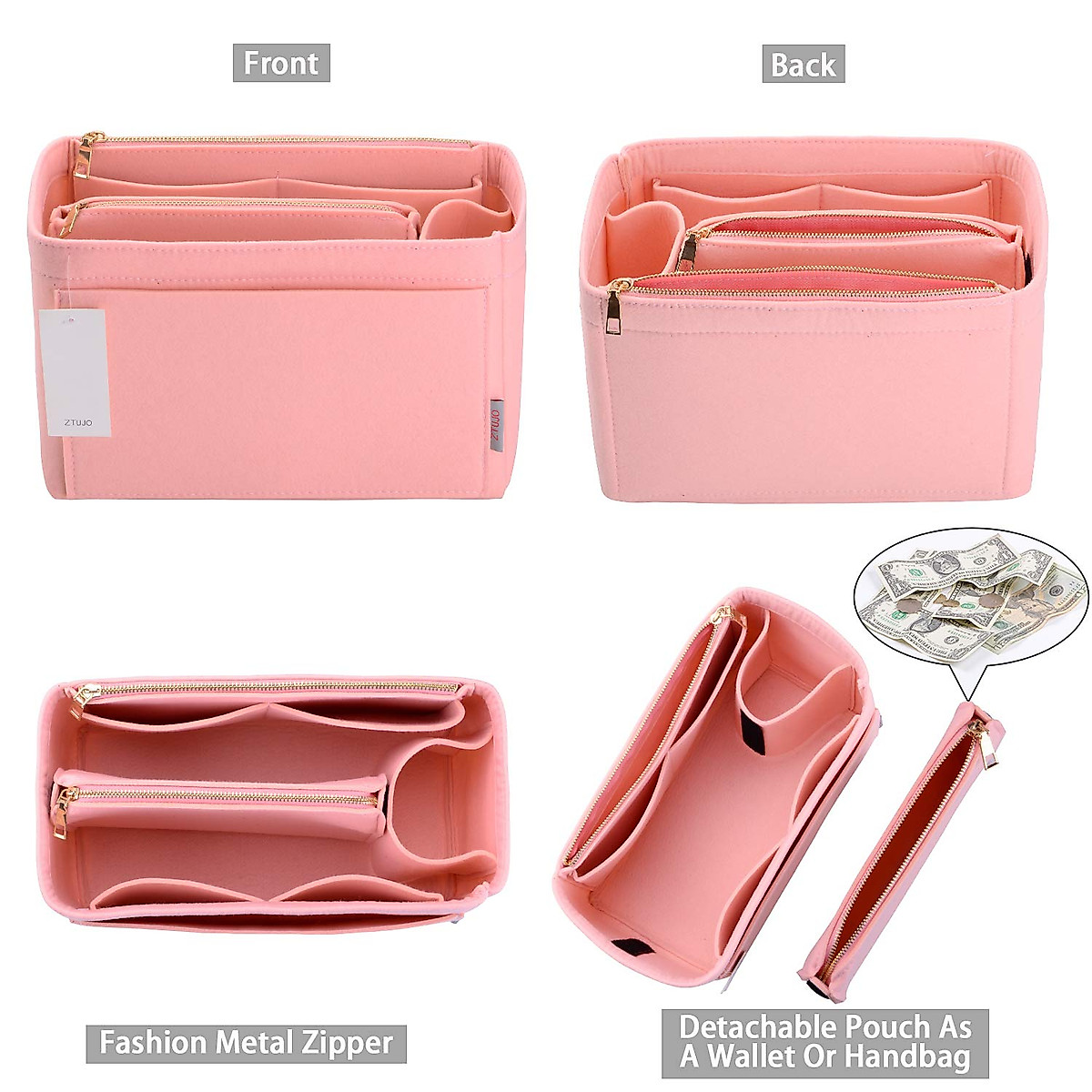 ZTUJO Purse Organizer, Felt Bag Organizer Purse Organizer Insert For Speedy, Neverfull, Graceful, Neverfull,Tote, Handbag,Shaper (Medium, Brush Pink)