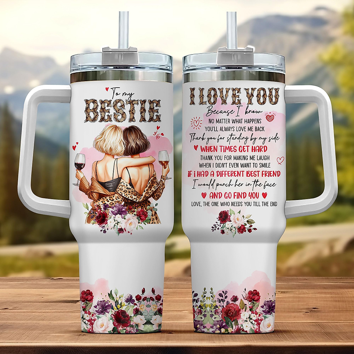 99OWL Tumbler 40 Oz With Handle Lid And Straw, My Bestie Watercolor Floral, Boss Tumblers Funny Cups Women Leopard Friends Stainless For Print Steel Coffee Flower