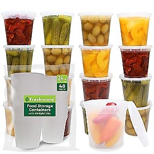 Freshware Food Storage Containers [48 Set] 24 oz Plastic Deli Containers with Lids, Slime, Soup, Meal Prep Containers, BPA Free, Stackable, Leakproof, Microwave/Dishwasher/Freezer Safe