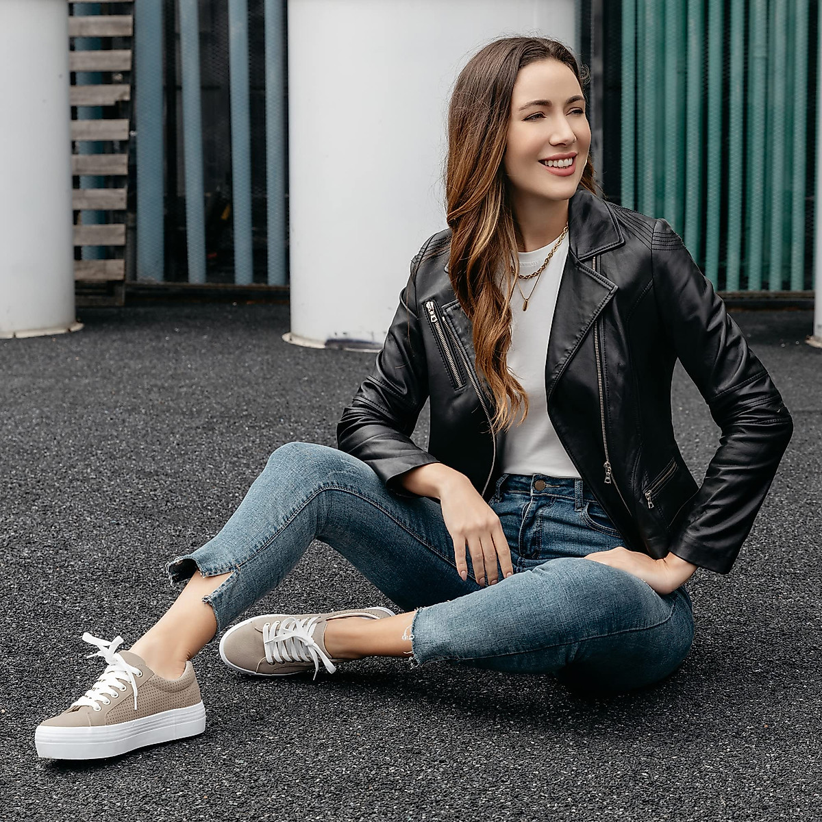 JABASIC Women Platform Sneakers Breathable Casual Lace Up Fashion Walking Shoes (8,Beige)