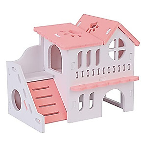 UKCOCO Wooden Hamster House, Small Animal Hideout Castle Double Deck Villa with Climbing Ladder Slide for Hamsters, Mice, Gerbils