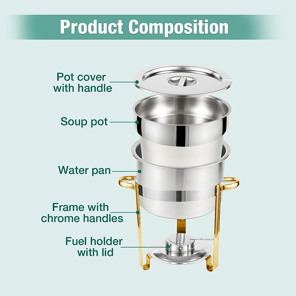 Restlrious Soup Chafer 7 QT Stainless Steel Round Soup Warmer, Large Marmite Soup Chafer with Pot Lid and Fuel Holder in Gold Accent, for Catering Parties Events Banquets, Commercial Grade 2 Pack