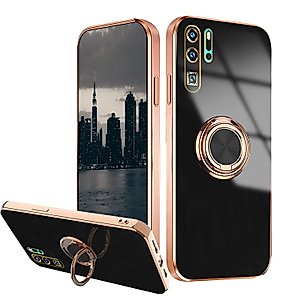 Wousunly Compatible with Huawei P30 Pro Case Ring Holder Magnet Green, Huawei P30 Pro Phone Case Silicone Shockproof Plate Luxury Slim Cover (Black)