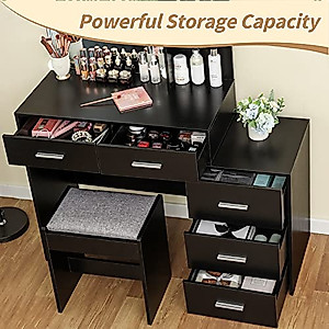 usikey 43.5in Large Vanity Desk with Mirror and 10 LED Lights, Makeup Vanity Table with Lights and 5 Drawers, Black Vanity Table Vanity Set with Storage Shelves and Stool for Women Girls, Black