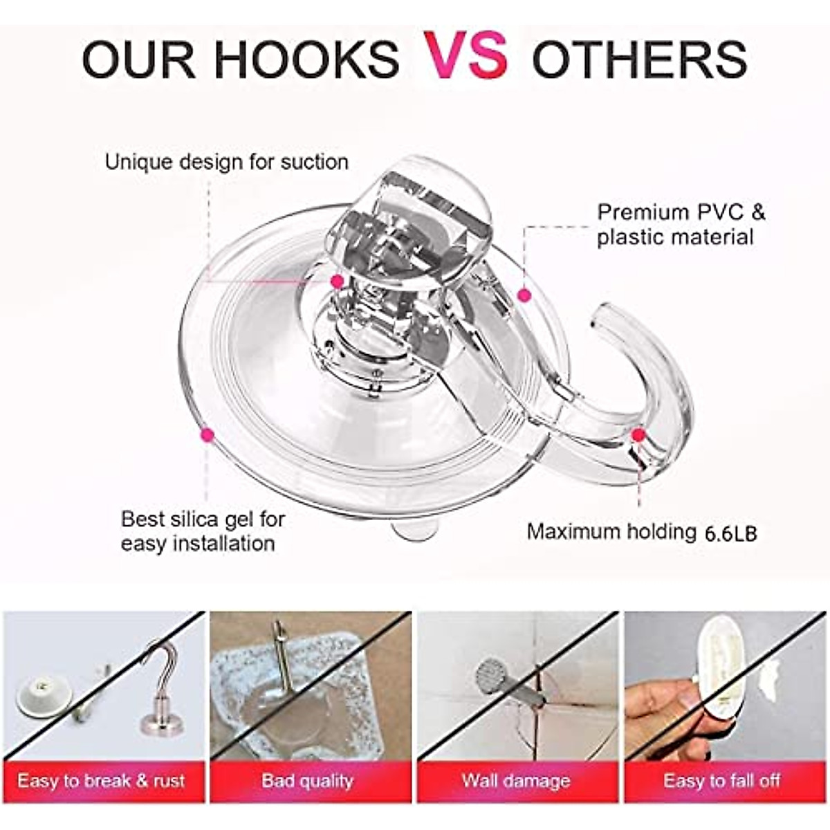 Elegear Suction Cup Hooks for Shower, 2 Pack Waterproof Reusable Shower Suction Hooks, Clear Suction Shower Hooks Hold up to 6.6LB Wreath Suction Hook for Christmas Wreath Loofah Towel Sponge