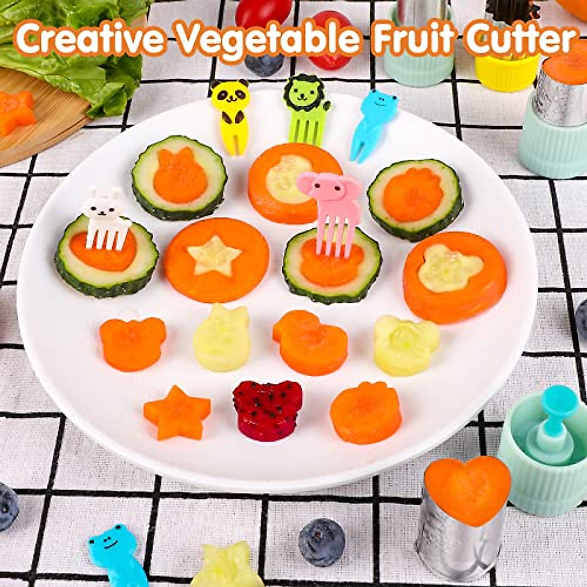 Updated Fruit Cutter Shapes Vegetable Cutters for Kids 19 PCS HINZER Mini Cookie Cutters Set with Food Picks for Kids School Lunch Bento Box Accessories DIY Kitchen Baking Pastry Cookie Stamps Mold