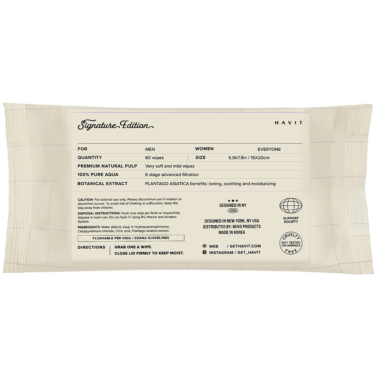 HAVIT Signature Edition Flushable Wipes for Women, Plant-Based Cloth with Natural Pulp, Plantago Asiatica Extracts, 360 Coutns (60 Cloth of 6 Packs)