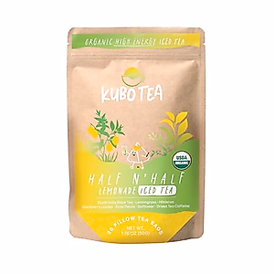 Kubo Tea, Organic High Energy Ice Tea, High Caffeine Blend, 20 Servings (155mg Caffeine each), Pillow Tea Bags, Kraft Packaging, Healthy Coffee Substitute (Half & Half Lemonade)
