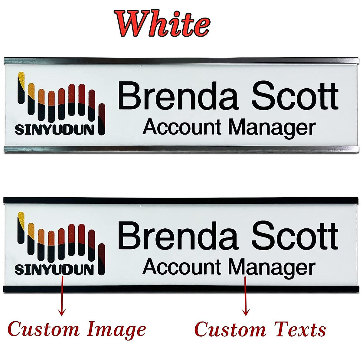 2" x 8" Personalized Aluminum Name Plates, Custom Office Desk or Wall Name Plates, Can Add Custom Logo Image and Texts, Two Name Plates Colors Silver, White, Holders are Optional (Custom Image+Text)