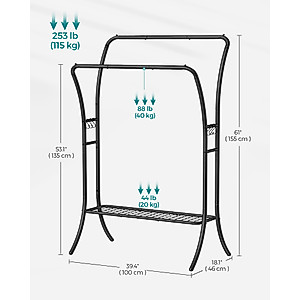 SONGMICS Clothes Rack, Clothing Rack with Shelves, Garment Racks Heavy Duty, Double Rod Clothes Rack with 6 Hooks, Clothes Storage and Display, for Living Room, Bedroom, Ink Black UHSR109B01