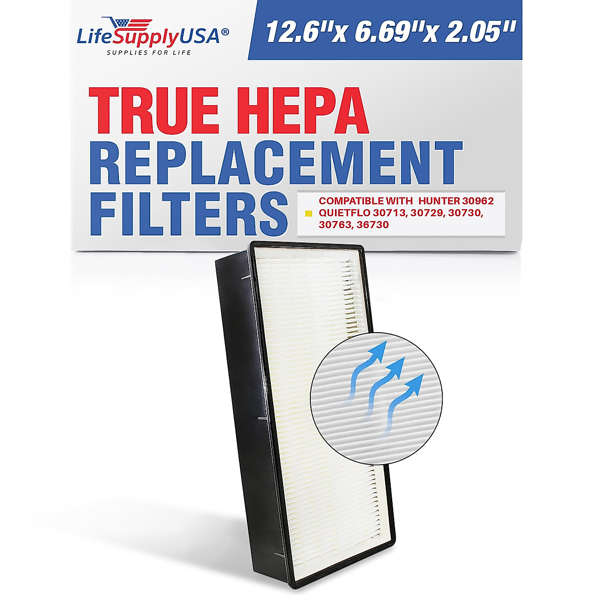 LifeSupplyUSA True HEPA Filter Replacement Compatible with Hunter 30962 QuietFlo 30713 30729 30730 30763 36730 Air Purifier