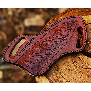 SOGO KNIVES Leather Knife Sheath For Belt, Slanted Pancake Sheath, Tooled Leather Sheath, Beautiful Cow Boy 4 to 6 inches Skinner Knife Leather Cover 100% Real Leather (BROWN)