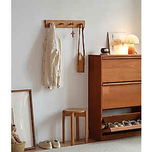 MU MO Cherry Wood Coat Hooks for Wall, Wooden Thick Coat Rack Wall Mount Long Coat Rack Board, 4 Solid Wood Hooks Wall Mount Rack for Entryway,Bedroom,Kitchen