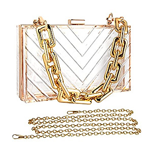 LUEXBOX Acrylic Women Clear Purse, Evening Clutch Handbag with Removable Gold Chain, Transparent Crossbody Shoulder Stadium Purse for Gameday, Bridal, Bachelorette Party, Prom & Concert (V Shape)