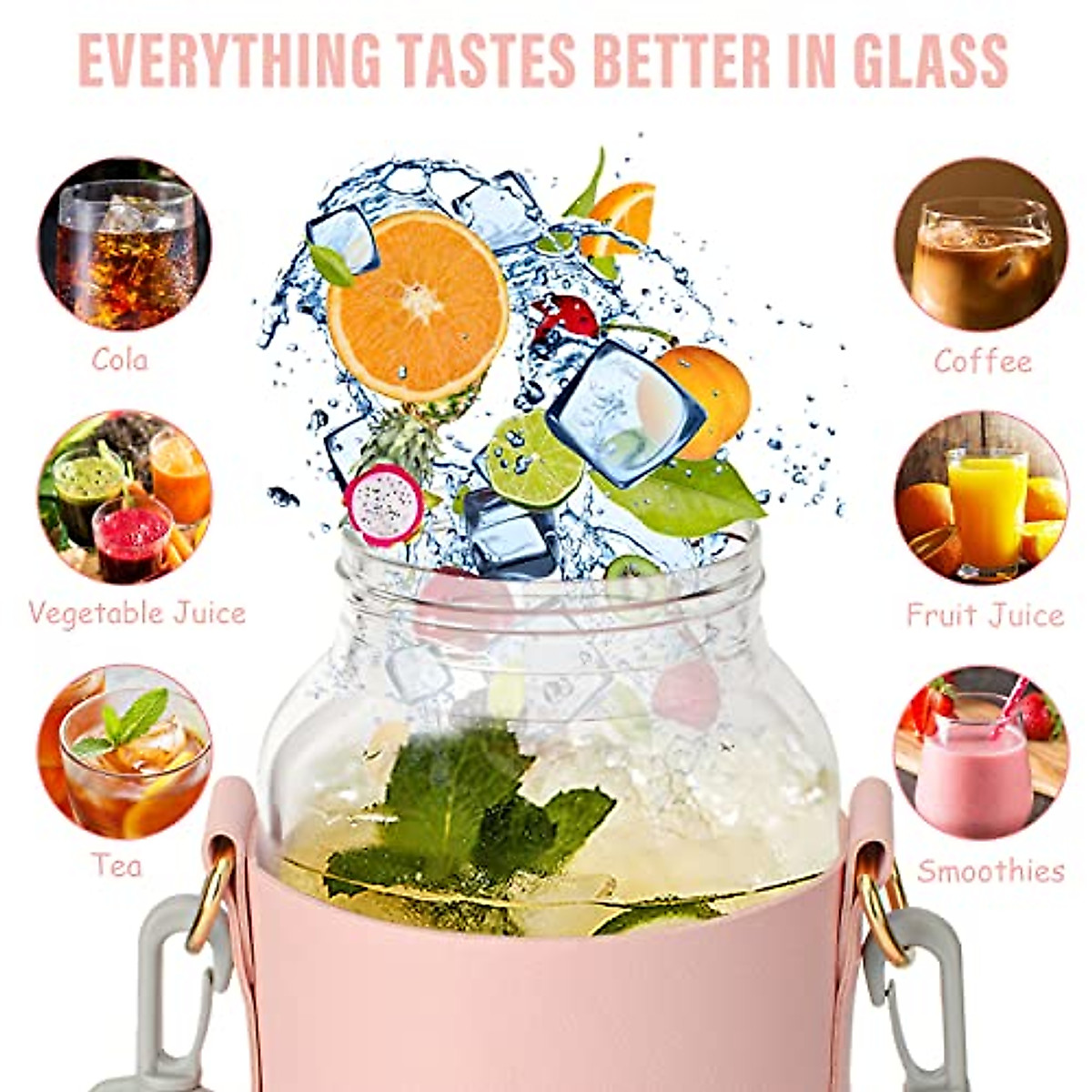 Sursip 42 oz Glass Water Bottle - Aesthetic Water Bottle with Straw/Lid/Handle/Sleeve - Reusable Sport Clear Glass Drinking Bottle for Daily, Workout, Outdoors, School, Work - Khaki