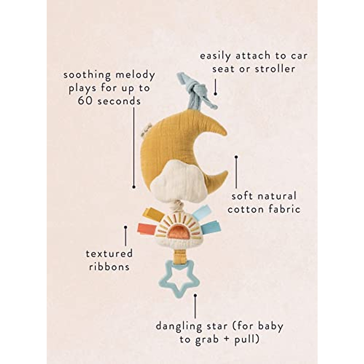 Itzy Ritzy – Musical Pull-Down Toy - Bitzy Notes Baby Musical Toy Attaches to Car Seat, Play Gym, or Stroller & Plays a Soothing Melody, Infant Toy for Ages 0 Months and Up (Moon)