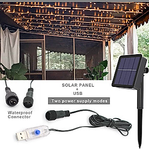 Benelet Solar Outdoor String Lights or USB Powered,Waterproof LED Globe Crystal Balls Decorative Lighting for Garden Home Party Wedding Christmas Decoration,50 LED,20 Free Curtain Clips (Warm White)