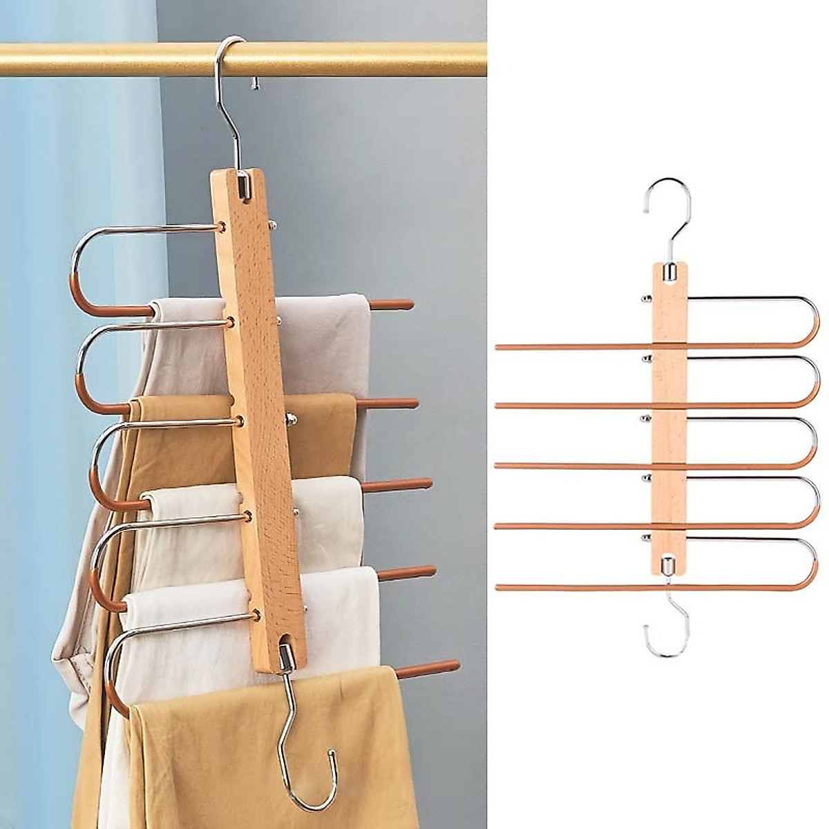 IULJH 5 Layers Clothes Wood Hangers Multifunctional Pants Rack Bedroom Closet Shelves Jeans Non Slip Wardrobe Organizer Space Saving