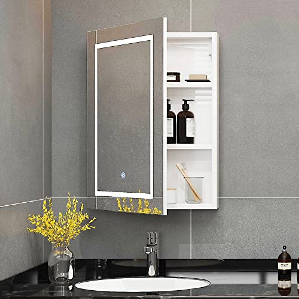 Waktavel Medicine Cabinets with Adjustable Storage Shelf, LED Illuminated Bathroom Mirror Cabinet, Wall Mounted Storage Cabinet with Doors for Bathroom, Bedroom, Vanity, White