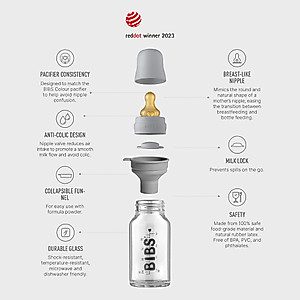 BIBS Baby Glass Bottle. Anti-Colic. Round Natural Rubber Latex Nipple. Supports Natural Breastfeeding, Complete Set - 110 ml, Cloud