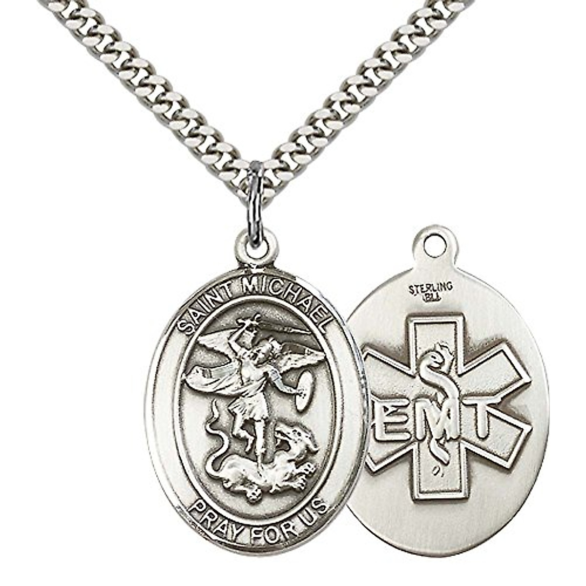 F A Dumont Sterling Silver St. Michael/EMT Pendant with 24" Stainless Steel Heavy Curb Chain. Patron Saint of Police Officers/EMTs
