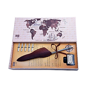 Quill Pen and Ink Set Turkey Feather Pen with 5 Steel Replacement Nibs and Dip Ink Bottle in Vintage Gift Box for Antique Calligraphy - Brown