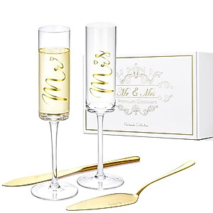 ROXBURGH Wedding Cake Knife and Server Set, Wedding Champagne Flutes, Gold Bride and Groom Champagne Flutes Toasting Glasses Engraved Mr and Mrs, Cake Cutting Set for Wedding Engagement Gifts