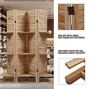 JAXPETY 4-Panel Wood Louvered Room Divider with Wide Transverse Boards, 5.6 Ft Tall Oriental Folding Freestanding Privacy Screen Room Dividers for Home, Office and Bedroom, Nature