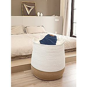 20" x 20" x 20" Extra Large Round Storage Basket, Cotton Rope Storage Baskets, Woven Laundry Hamper, Baby Toy Storage Bin, Toys Clothes Blankets Basket in Living Room, Baby Nursery, White/Jute Bottom