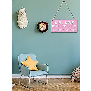 Utuichuo Girl Cave Sign Girls Bedroom Decorations, Hanging Wooden Door Sign for Teen Girl Kids Bedroom Living Room Wall Decor, No Boys Allowed Sign