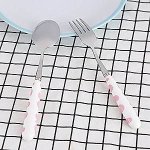 Stainless Steel Flatware Spoon for Kids, Ceramic Handle Fork Spoon Kitchen Tableware with Box Children Cutlery Set Outdoor Picnic Travel (Pink)