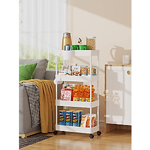 LEHOM Slim Rolling Storage Cart - 4 Tiers Bathroom Organizer Utility Cart Slide Out Storage Shelves Mobile Shelving Unit for Kitchen, Bedroom, Office, Laundry Room, Small Narrow Spaces (Pear White)