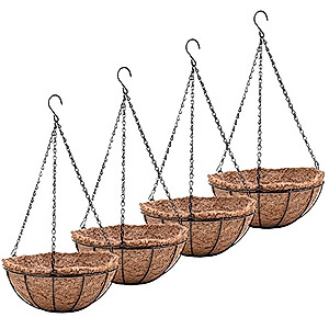 EIMQUVW Metal Hanging Planters Basket Set of 4 Hanging Flower Pots 10 Inch Chain Round Wire Plant Holder with Coco Coir Liner Garden Watering Hanging Baskets for Patio Garden Outdoor1