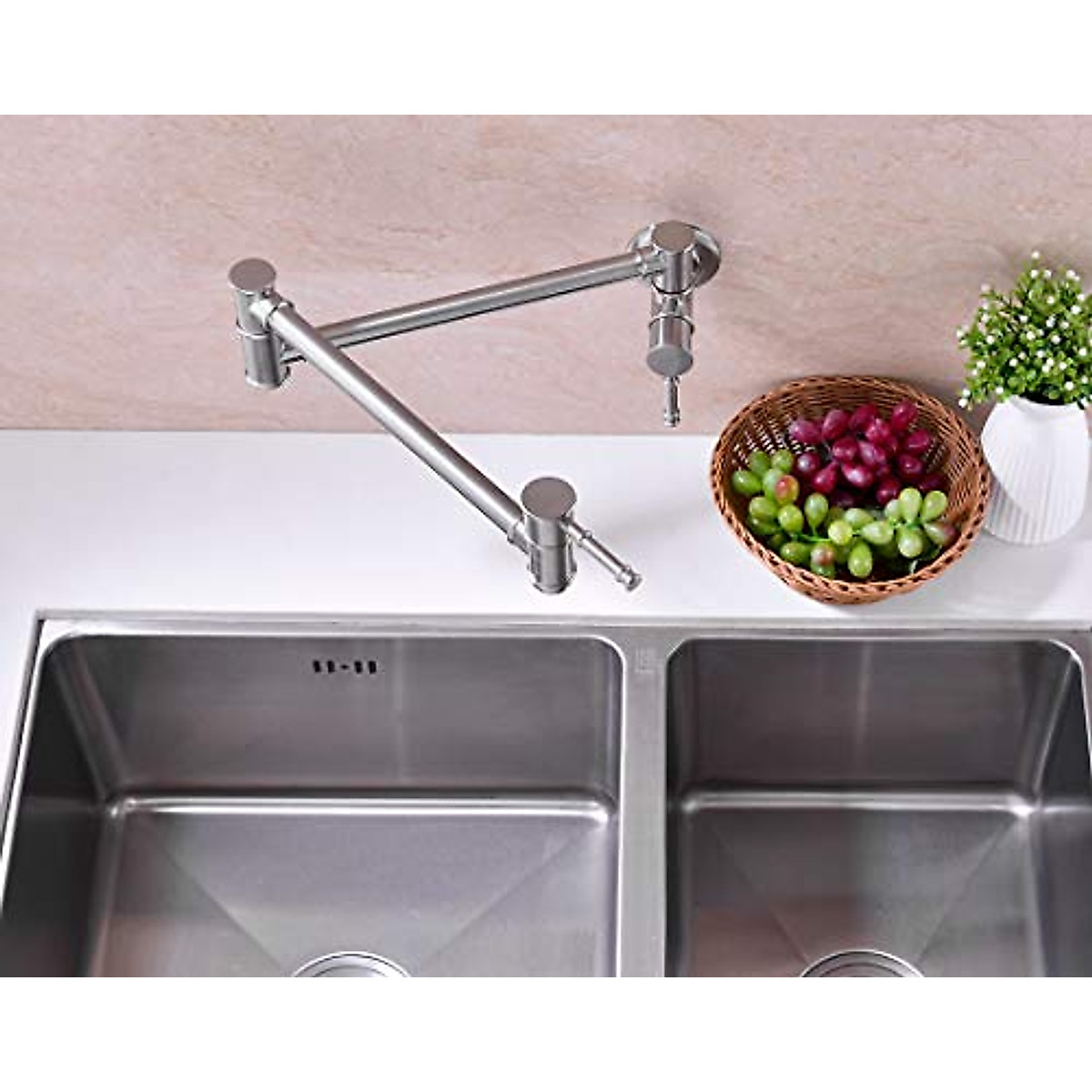 GICASA Pot Filler Faucet Wall Mounted, Double Joint Swing Arm Single Hole Pot Filler Faucet Brushed Nickel, Two Handles Brass Folding Stretchable Kitchen Faucet Pot Filler