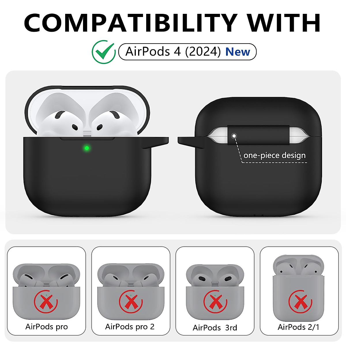 Ljusmicker for AirPods 4 Case Cover 2024 with Cleaner Kit,Soft Silicone Protective Case for Apple AirPods 4th Generation Case for Women Men,AirPod 4 Case Accessories with Keychain-Black