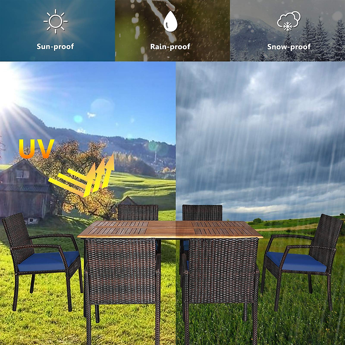 HAPPYGRILL 7 Pieces Patio Dining Set Outdoor Furniture Rattan Wicker Dining Set with Umbrella Hole, Powder Coated Steel Frame, Acacia Wood Dining Table and Armchairs with Removable Cushions