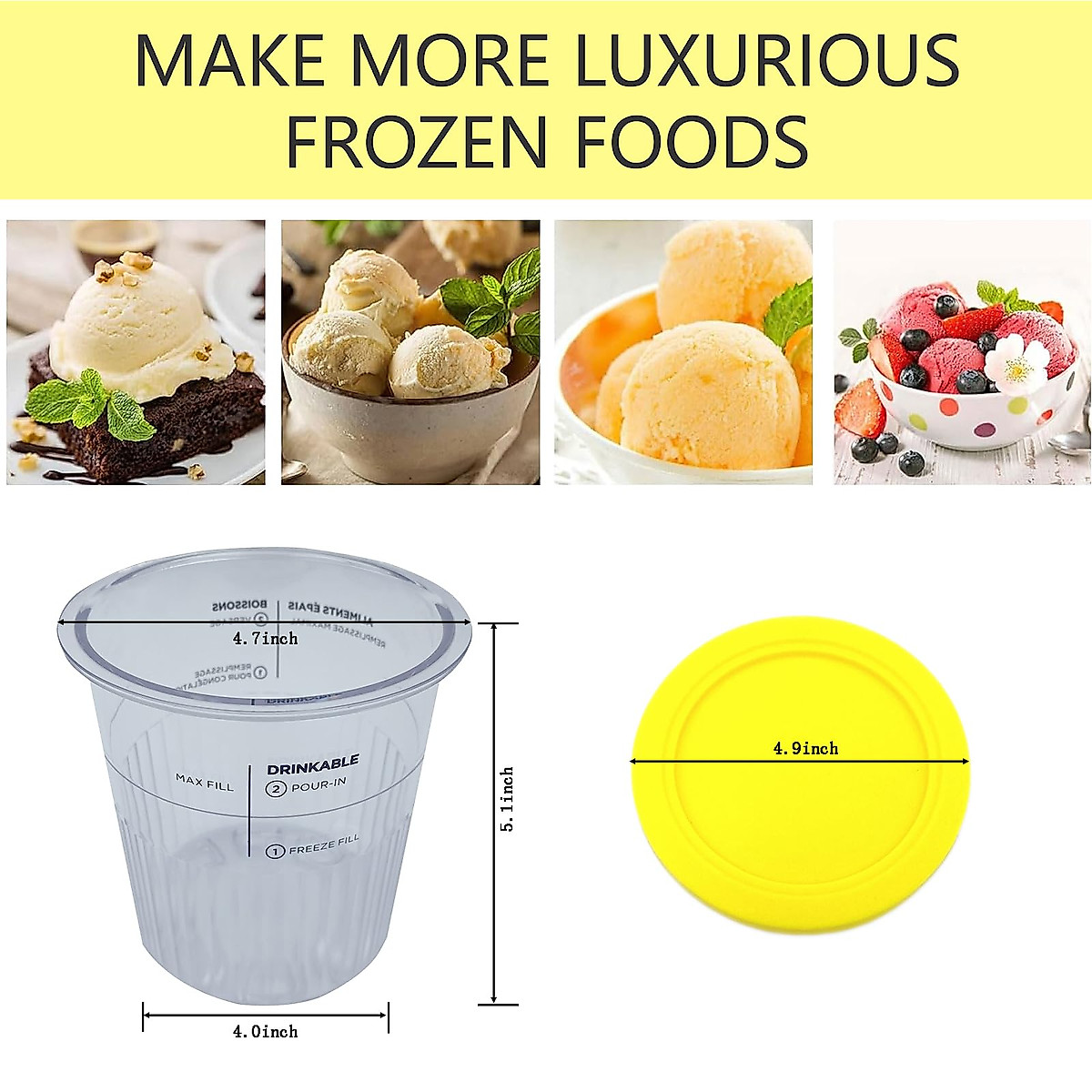 adwrparts Replacement for Ninja Creami Deluxe Pints and Lids 4 Pack, Compatible with Ninja CREAMi Deluxe 11-in-1 Ice Cream Makers NC500 Series, NC500 NC501 etc(4 Contains+4 PE Lids)