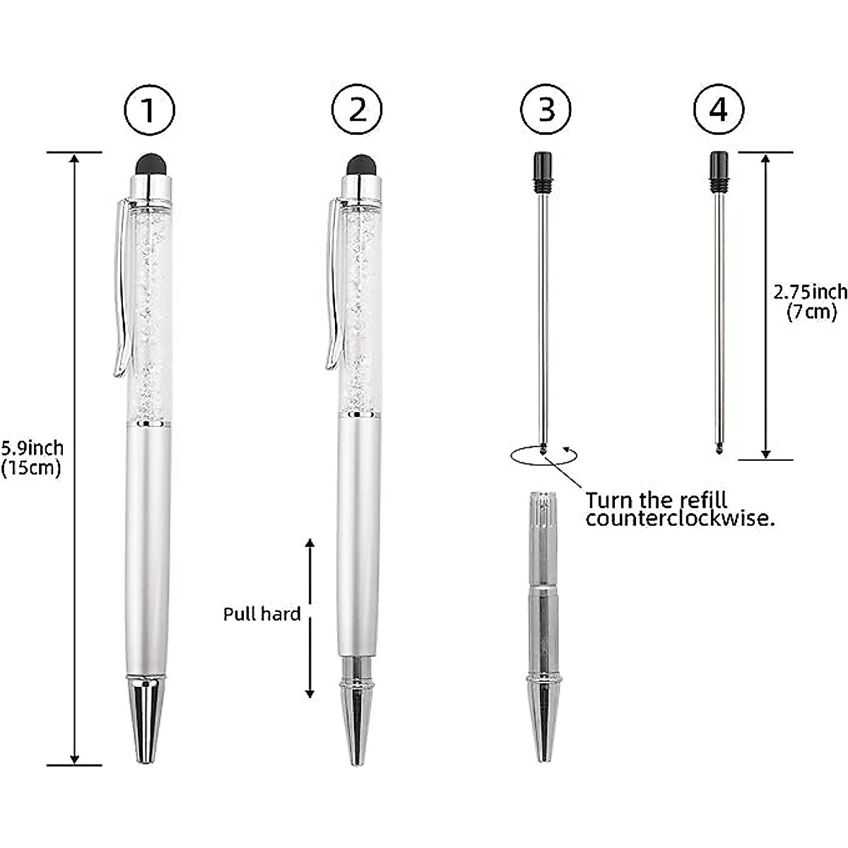 Bling Ballpoint Pens Crystal Diamond Pen Capacitive Touch Screen Stylus with Replacement Refills Rubber Tips for iPhone iPad Kindle Touchscreen Devices 3Pcs Writing Pen (Silver)