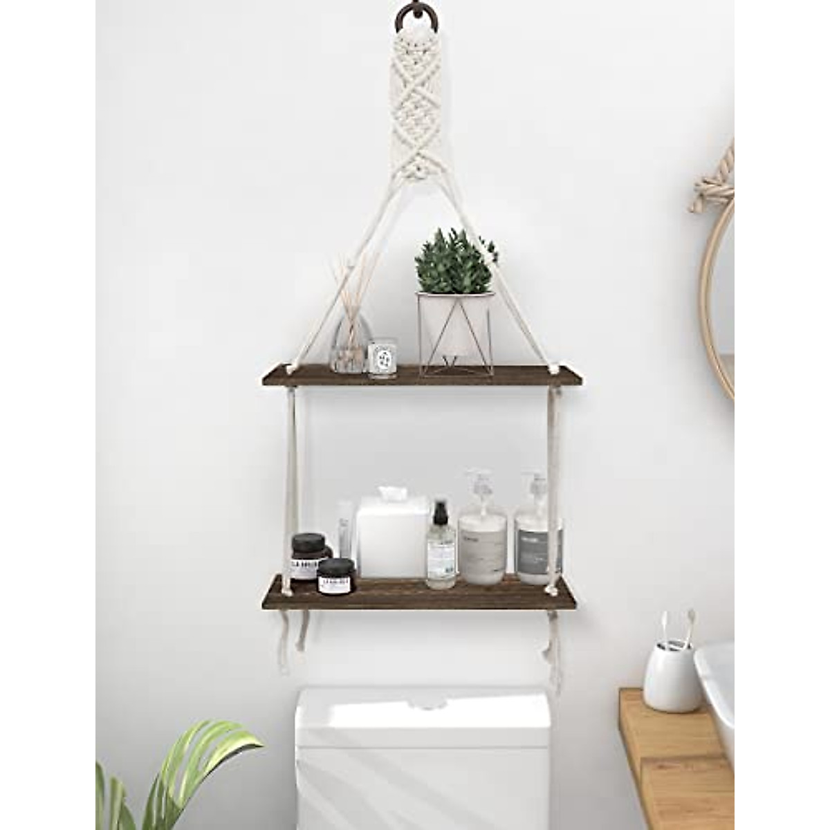 Sonefreiy Rustic Hanging Shelves 2 Tier White Rope Brown Wood Floating Shelf Window Plant Shelves for Bathroom Bedroom Living Room