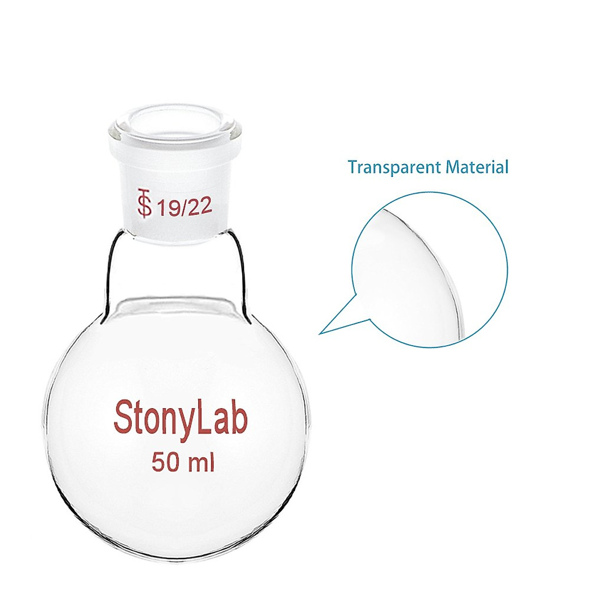 StonyLab Glass 50mL Heavy Wall Single Neck 1 Neck Round Bottom Flask RBF, with 19/22 Standard Taper Outer Joint - 50mL
