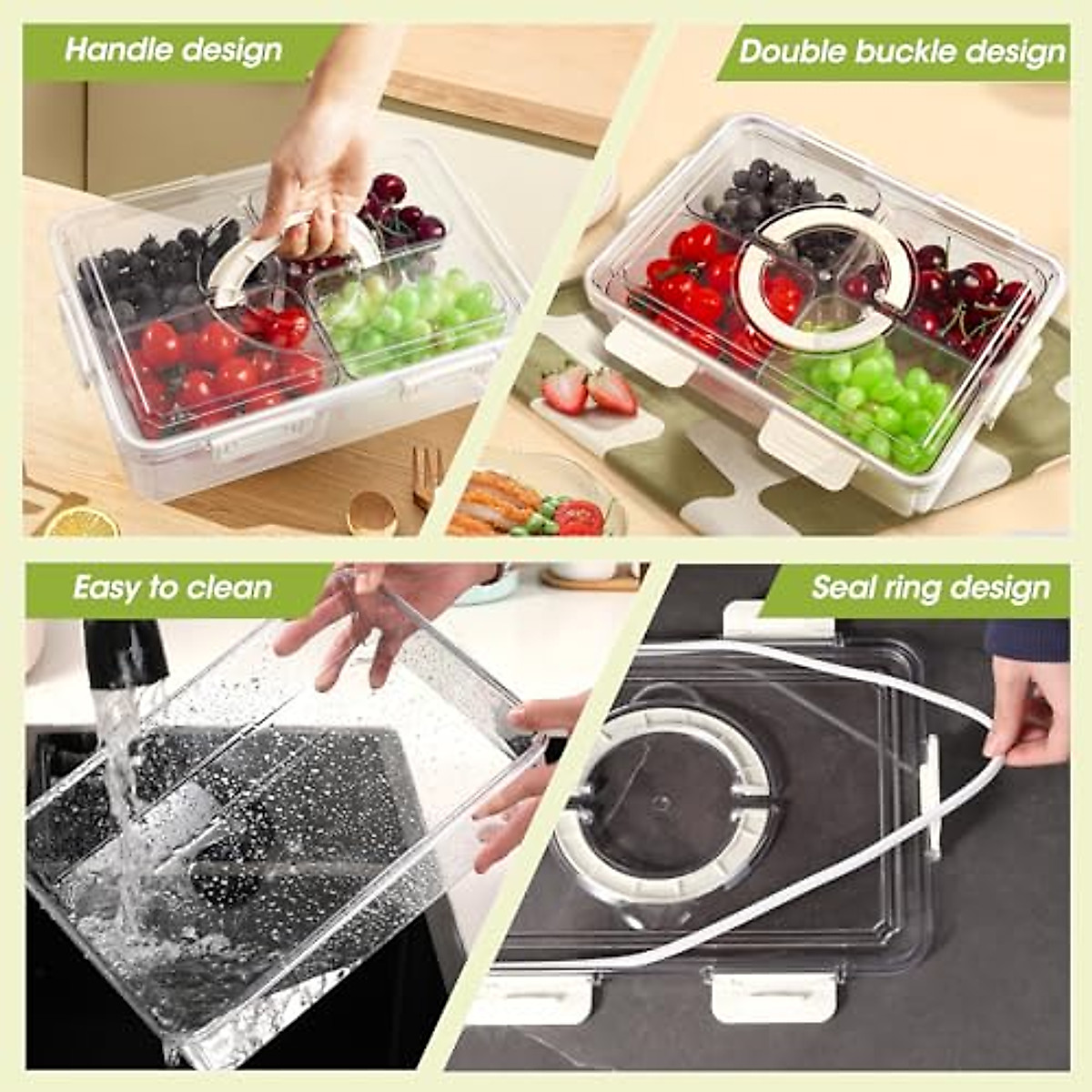 Divided Serving Tray with Lid & Handle, 4 Compartment Removable Snack Box, Kitchen Organizers and Storage, Snackle Box Container, BPA-Free Fruit Storage Container for Berry, Snack, Candy, Nuts…