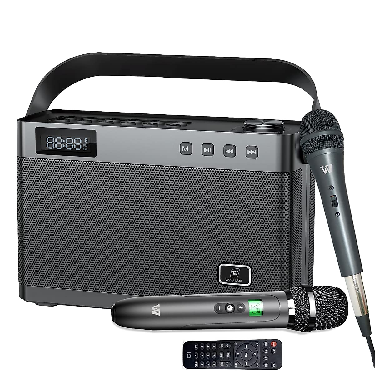 WinBridge Karaoke Machine with Wireless Microphones, Portable Bluetooth Speaker with Bass/Treble/Shoulder Strap, PA System with Remote Control, Professional Karaoke Speaker for Party T9
