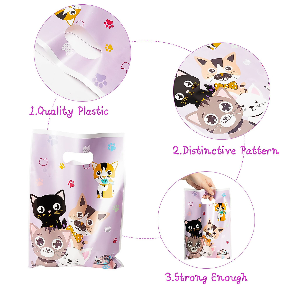 3sscha 50Pcs Cat Party Favor Bag Cute Cat Themed Purple Waterproof Goodies Cookies Bag with Die Cut Handles Animals Pet Paw Glossy Plastic Candy Gift Bags for Kid Birthday Party Decoration Supplies