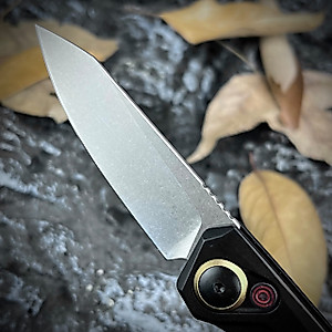 Spring Assist Button lock knife, EDC Folding Pocket Knife For Men, Stonewashed Reverse Tanto Blade, Black Aluminum Handles With Reversible Deep Carry Clip for Everyday Outdoor Camping (black handle)