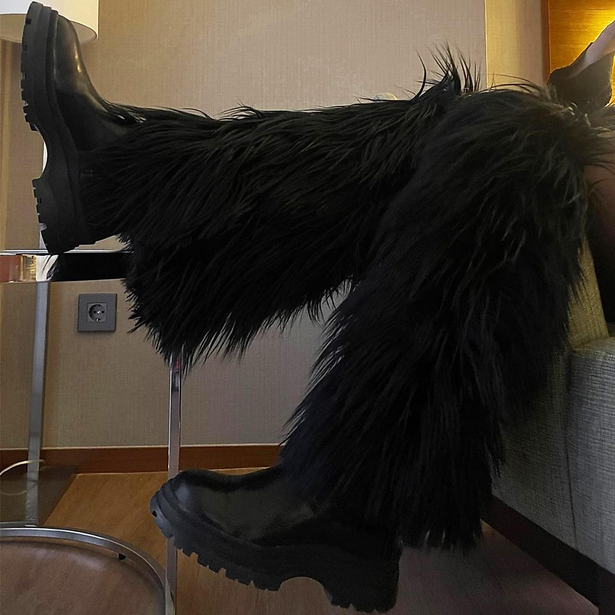 OSPNIEEK Fur Leg Warmers, Furry Leg Warmers for Womens, Faux Fluffy Leg Warmer, Soft Fuzzy Leg Warmer Boot Cuffs Covers for Winter Warm, Christmas, Halloween, Cosplay Party (Black)