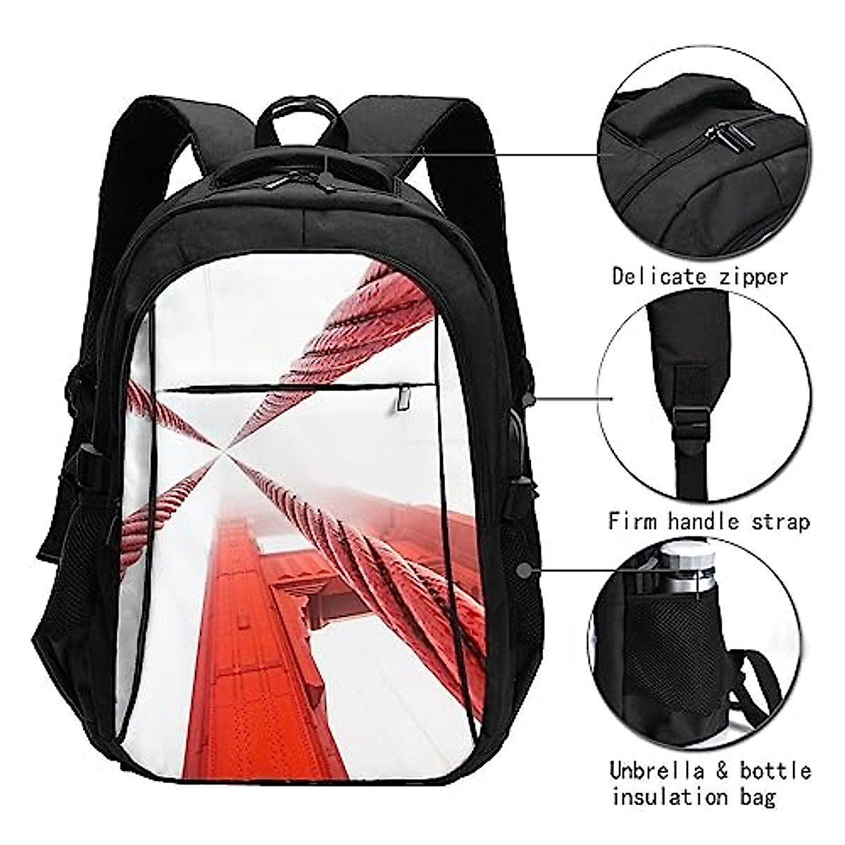 Ropes on The Golden Gate Bridge Printed Backpack Laptop Bookbag With USB Charger Daypack For Travel Business