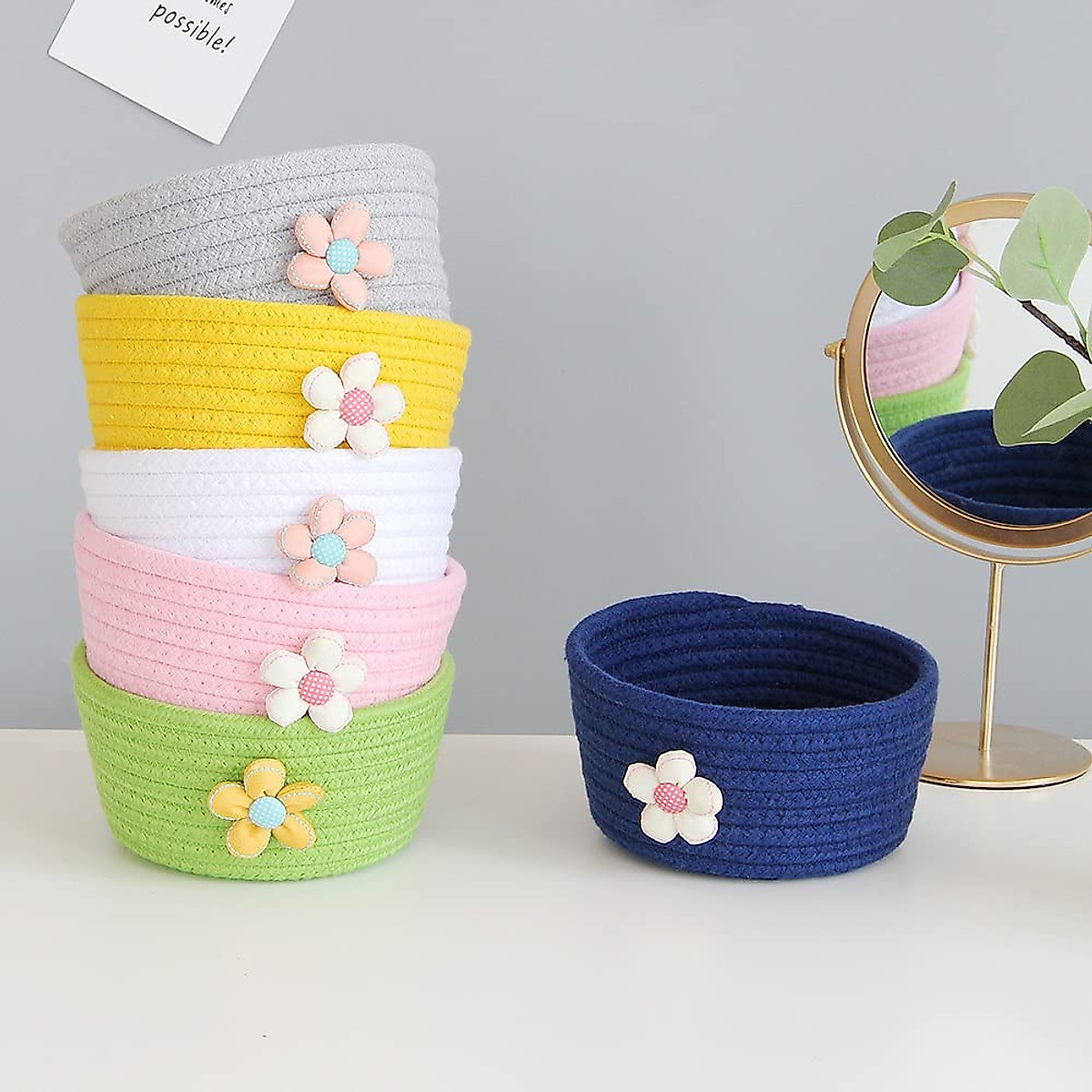 Ochine Cotton Rope Basket Woven Basket Flower Small Rope Basket Decorative Mini Storage Bins Round Little Organizer Nursery Hamper for Desk Dog Cat Toy Kids Baby Girls Gifts